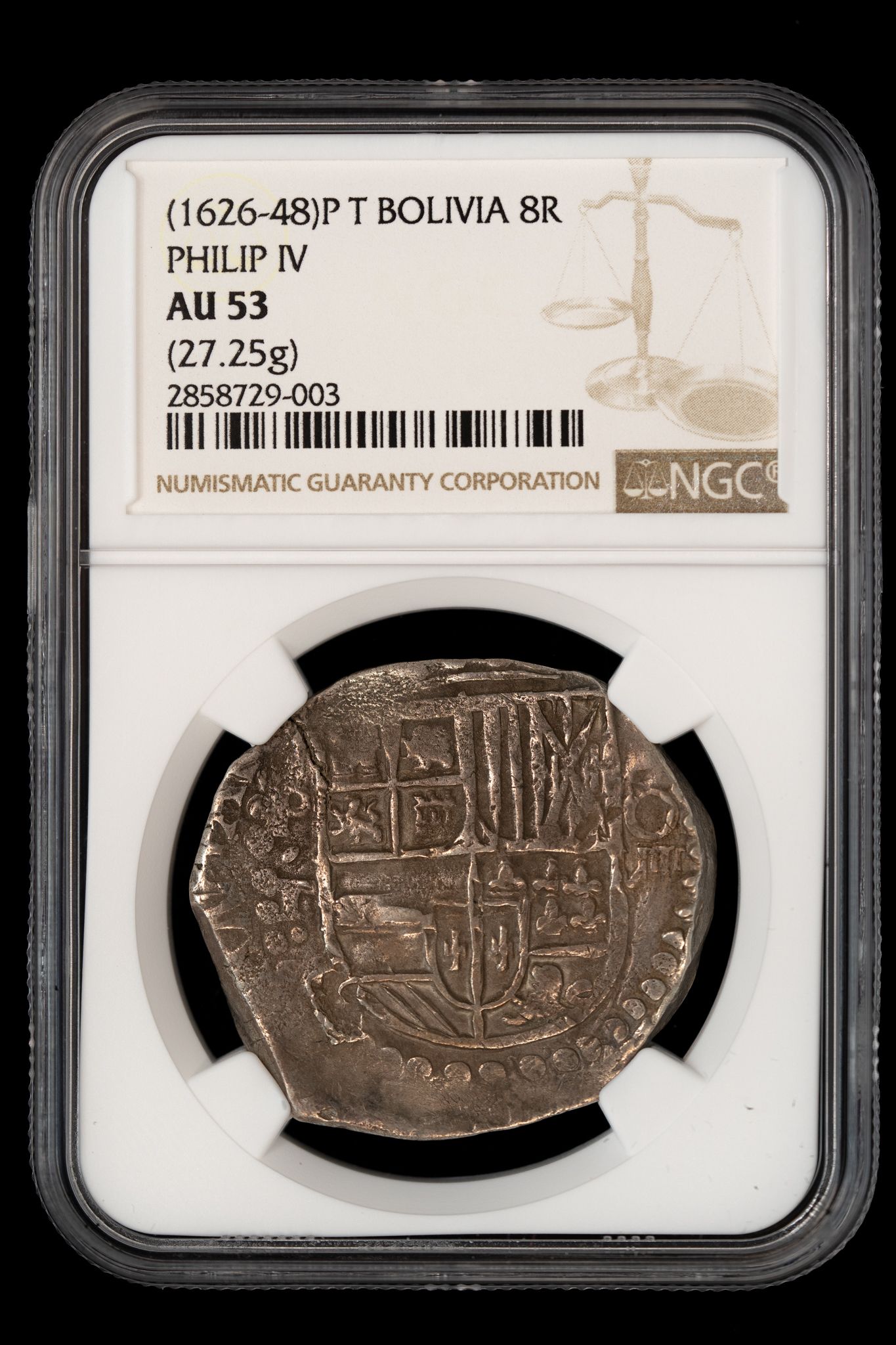1626-1648 Potosi Bolivia 8 Reales NGC AU-53 | Commodore Coins & Collectibles, Ltd.