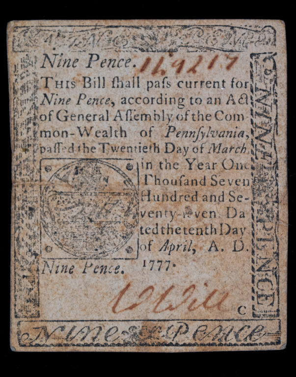1777 Nine Pence Pennsylvania Colonial Currency Revolutionary War Note ...