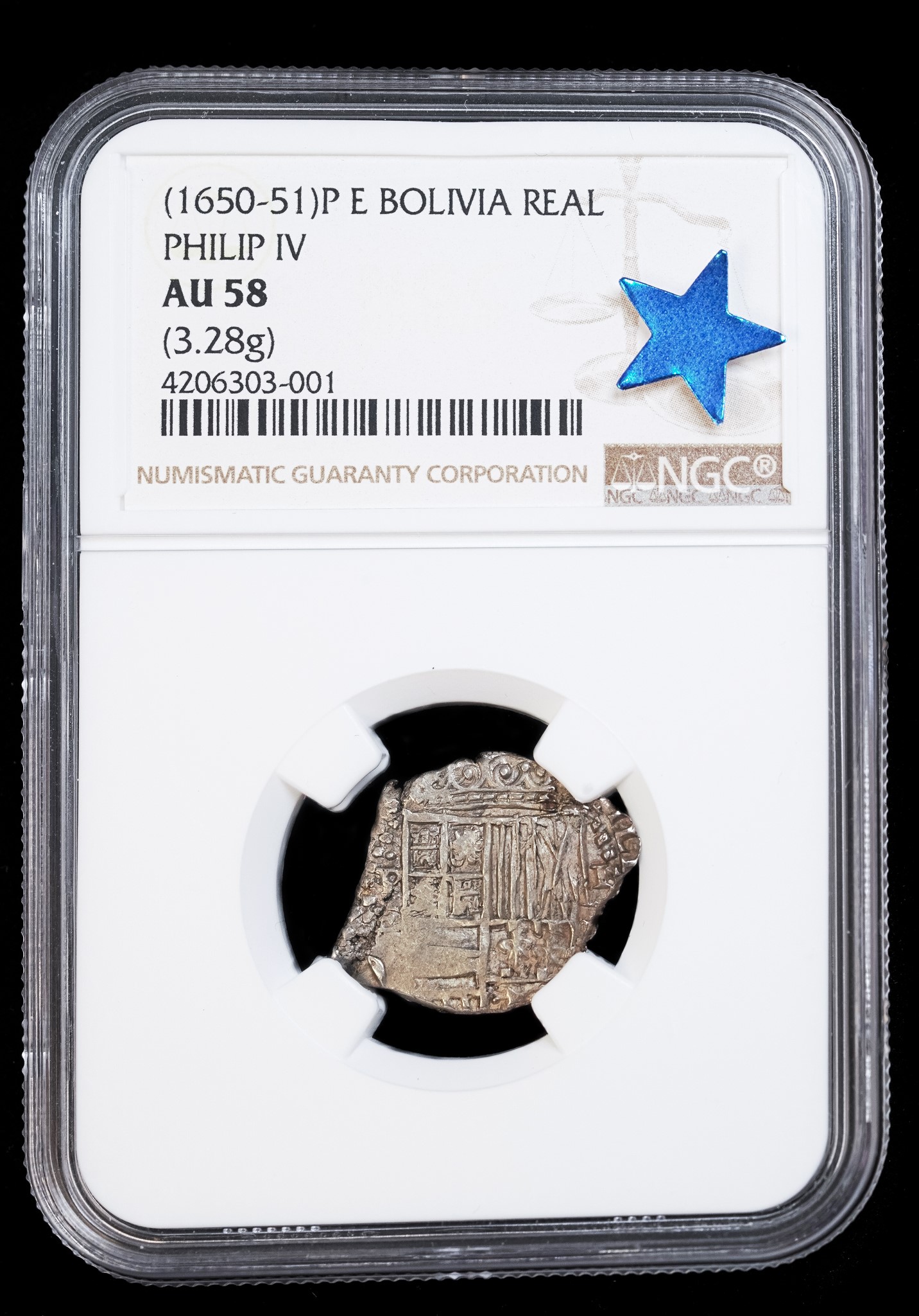 1650-51 Potosi 1 Real NGC AU58 | Commodore Coins & Collectibles, Ltd.