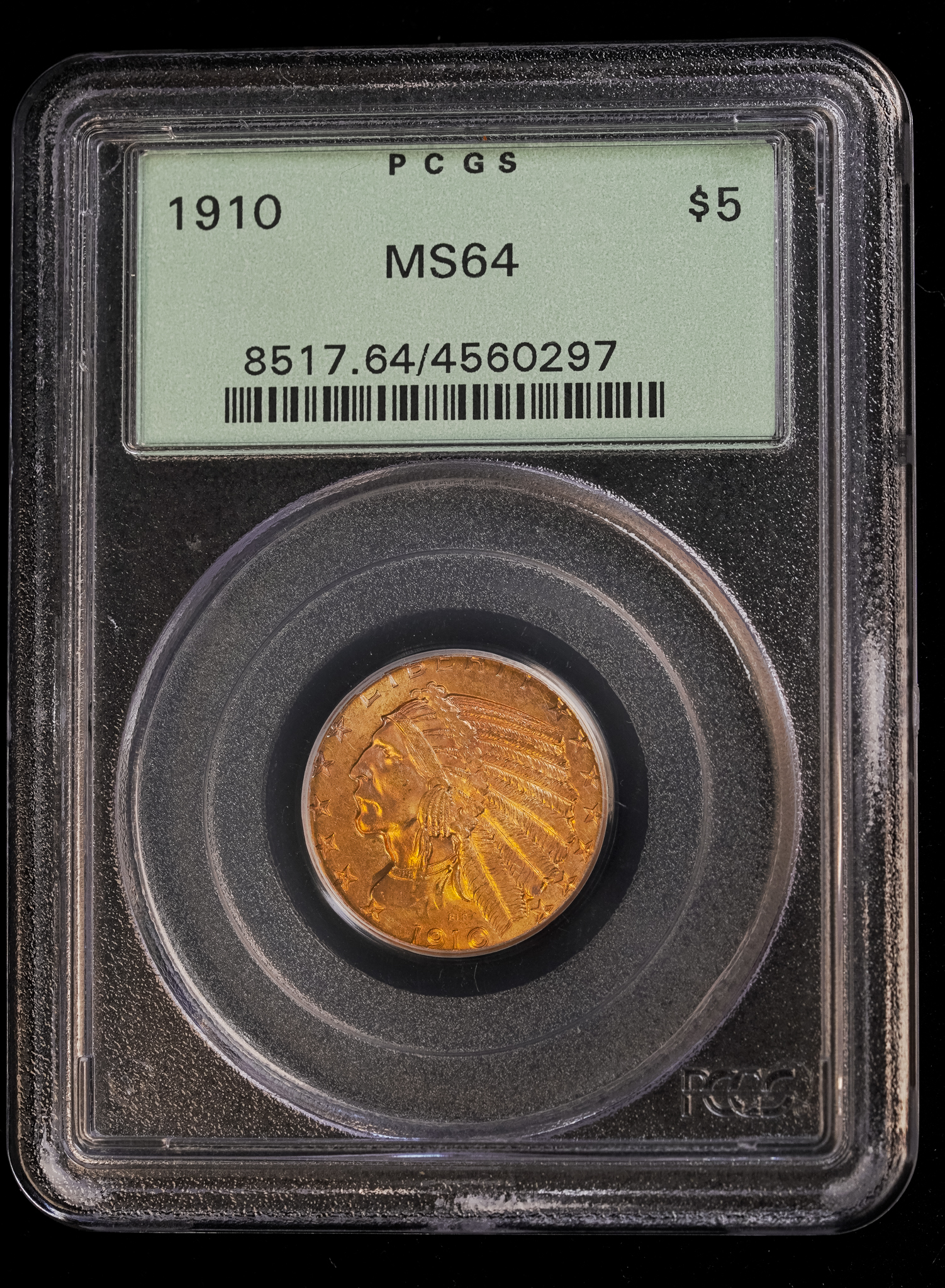 Superbly Toned 1910 $5 Indian PCGS MS-64 Old Green Holder | Commodore ...