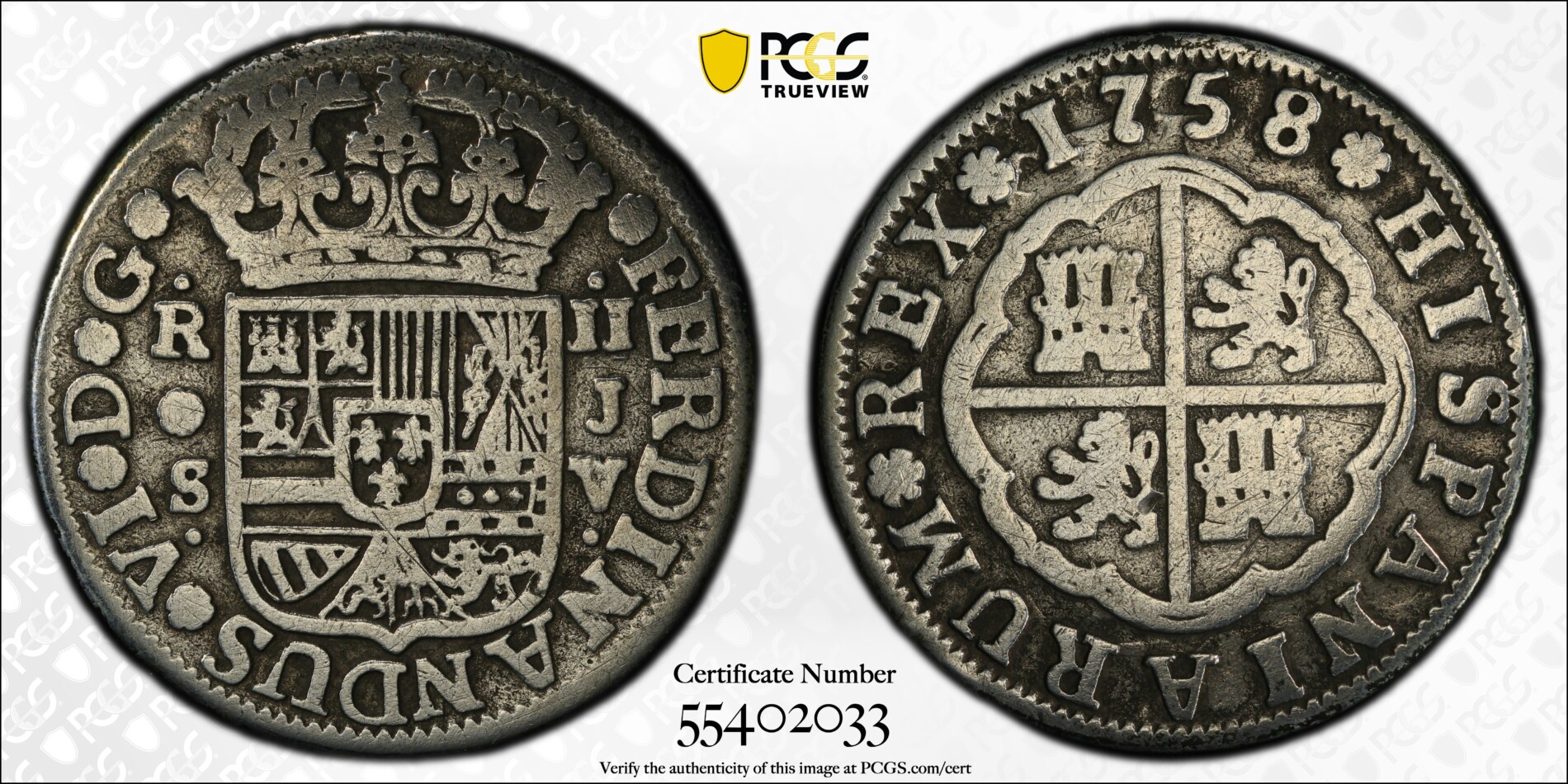 1758 Spain 2 Reales PCGS F Details | Commodore Coins & Collectibles, Ltd.